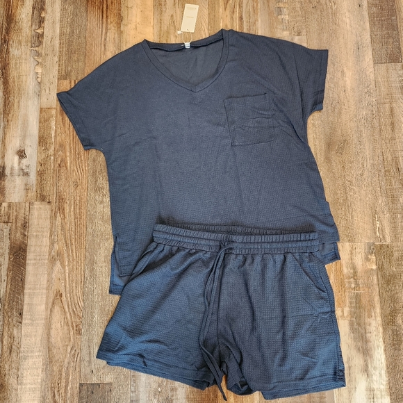 Tops | Navy Blue Waffle Texture Casual Short Set | Poshmark
